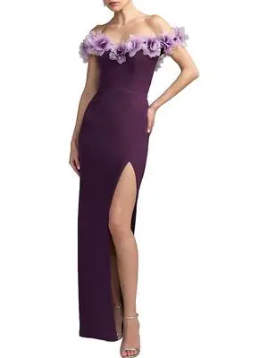 Mac Duggal Off-the-shoulder Gown With 3d Floral Applique - Plum