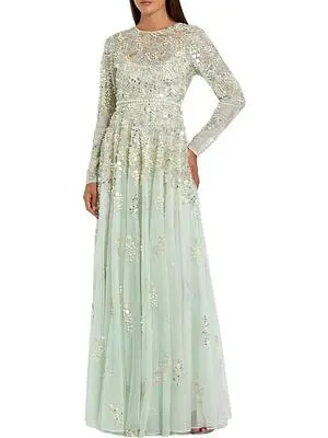 Mac Duggal Long Sleeve Sequin And Pearl Embellished Gown - Sage