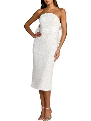 Mac Duggal Beaded Lace Strapless Fitted Midi Dress With Bow - Ivory