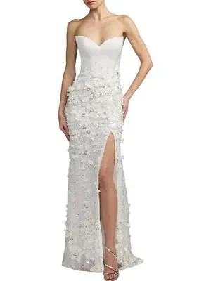 Mac Duggal Strapless Sweetheart Gown With Floral Appliques And Slit - Ivory
