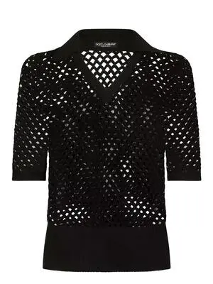 Dolce & Gabbana Open-knit Cotton Polo Shirt With Cut-out Detailing - Black