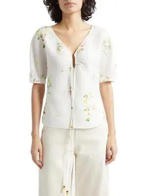 REISS Quinny Floral Linen Blend Top - Ivory