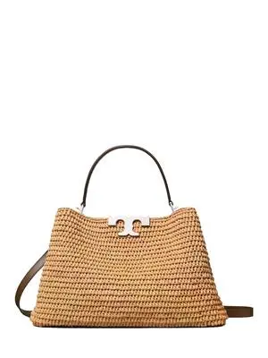 Tory Burch Eleanor Raffia Satchel With Leather Trim - Neutrals