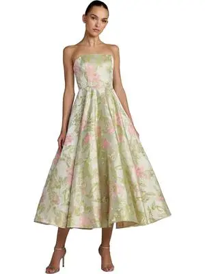 Mac Duggal Strapless A-line Midi Dress With Floral Brocade - Sage Multi