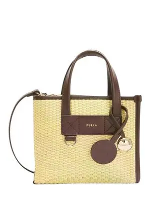 Furla Mini Tote Bag With Woven Texture And Leather Trim - Neutrals