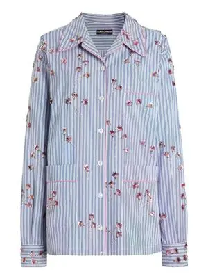 Dolce & Gabbana Poplin Shirt With Crystal Flower Embroidery Blue
