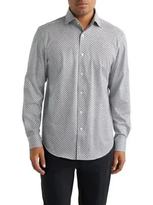 Bugatchi Devon Ooohcotton® Geometric Print Long Sleeve Button-up Shirt Platinum