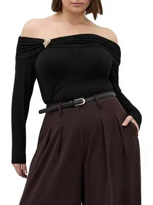 City Chic Ruched Off-the-shoulder Top - Black