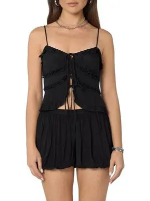 Astr The Label Kailey Tie Front Ruffle Trim Top - Black