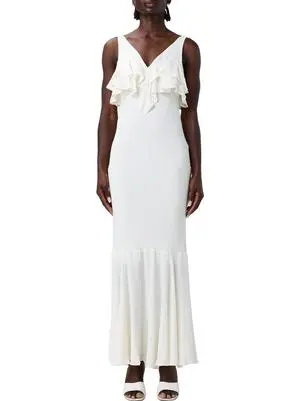 TWINSET Elegant Maxi Dress With Ruffled Front - White