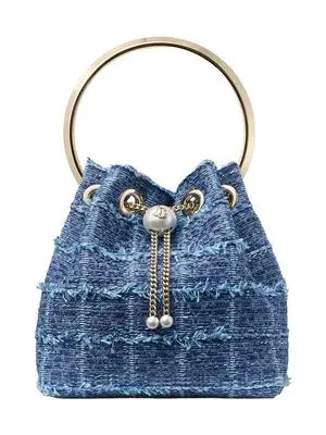 JIMMY CHOO Bon Bon Crosshatch Denim Fabric Bucket Bag Denim Grid/light Gold