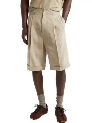 Jacquemus Cuffed Linen Blend Herringbone Bermuda Shorts - Beige