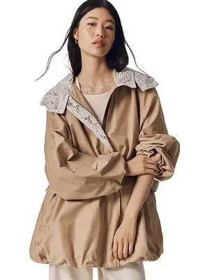 Anthropologie Bubble-hem Anorak Jacket With Lace Collar - Stone