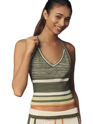 DAILY PRACTICE Knit V-neck Halter Top - Green Pattern