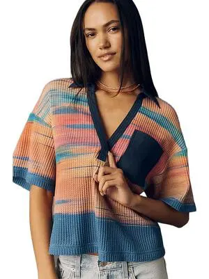 PILCRO Cotton Waffle Knit V-neck Top - Multi