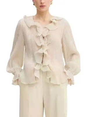 Guess Crinkled-texture Blouse With Ruffled Trim - Neutrals