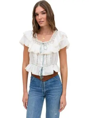 Rixo RIXO Melisa Ruffle Lace Trimmed Blouse White