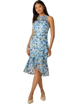 Adrianna Papell Floral Embroidered Halterneck Flounce Dress - Blue Multi