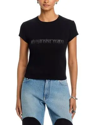 Alexander Wang Ribbed Knit Rhinestone Logo Crewneck Tee Black
