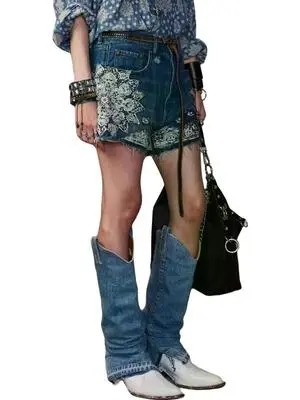 R13 Bandana-print Frayed Denim Shorts - Blue