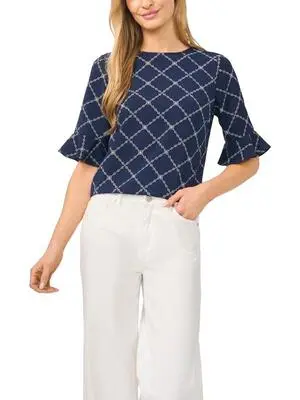 CECE DUPRAZ Printed Ruffle-cuff Top - Classic Navy