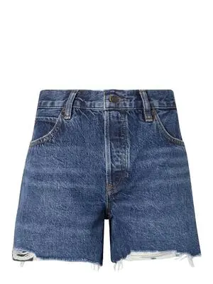 FRAME FRAME Mid Rise Relaxed Fit Denim Shorts With Frayed Hem Blue