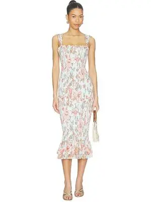Hemant & Nandita Smocked Floral Midi Dress - Blue