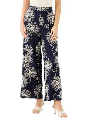 Fifteen Twenty Adara Floral Embroidered Wide-leg Pants - Navy