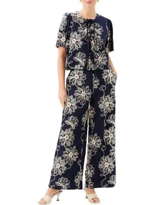 Fifteen Twenty Floral Embroidered Woven Tie-front Shirt - Navy