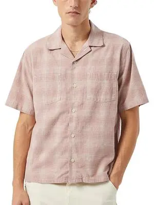 CORRIDOR Relaxed Fit Linen Plaid Short Sleeve Shirt - Pink