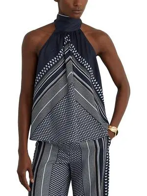 REISS Anna Halter Top With Geometric Print - Navy
