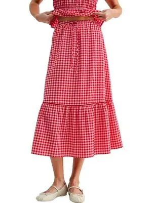 ALL IN FAVOR Gingham Cotton Blend Midi Skirt - Red Gingham