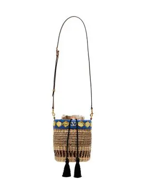 VALENTINO VLOGO Small Embellished Raffia-Effect Bucket Bag