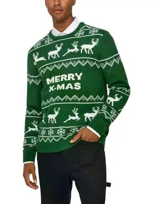 ONLY&SONS|MAN Intarsia-knit Reindeer-motif Sweater - Green