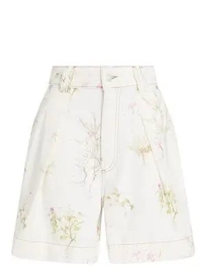 Erdem Pleated Floral-print Denim Shorts - White