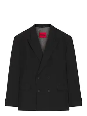 Hugo Double-breasted Suit Jacket In Wool-blend Twill - Black