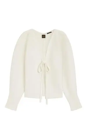 BOSS Rib-knit Cardigan With Tie-front And Balloon Sleeves - White