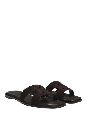 BOSS Suede Slides With Stitched Double B Monogram - Dark Brown