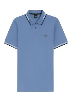 BOSS Stretch-cotton Slim-fit Polo Shirt With Branding And Stripes - Light Blue
