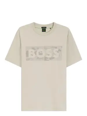 BOSS Logo-artwork T-shirt In Stretch Cotton - Light Beige