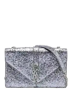 Saint Laurent Glitter Galactica Leather Monogram Envelope Chain Wallet Crossbody Bag - Silver