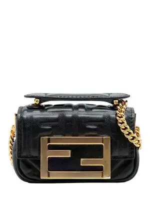 Fendi Zucca Embossed Leather Baguette With Chain Strap - Black