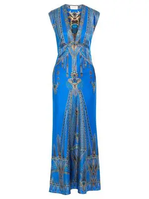 Camilla Printed Silk-satin Maxi Dress - Bright Blue