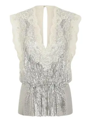 Rabanne Lace-trimmed Chainmail Mesh Top - Silver