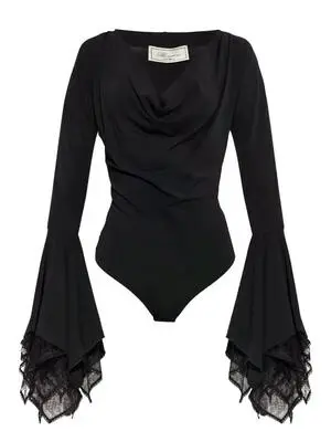 Blumarine Lace-trimmed Bell-sleeve Bodysuit - Black