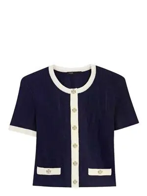 Maje Ribbed Contrast-trim Cropped Cardigan - Blue