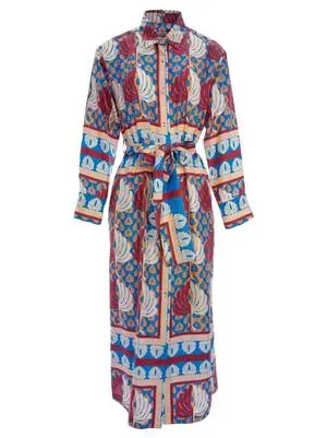 ODEEH Graphic-print Belted Shirt Midi Dress - Blue
