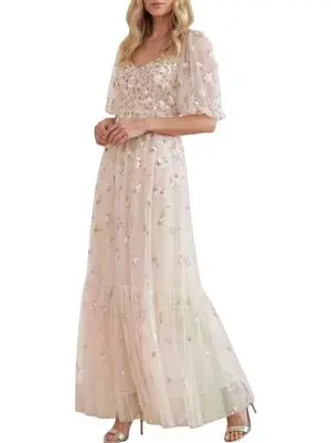 NEEDLE & THREAD Meadow Ditsy Embroidered Gown - Neutrals