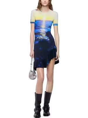 Rabanne Sunset-Print Mini Dress With Ruffled Trim Blue