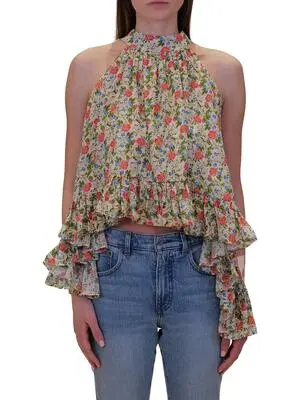 Azeeza Floral Voile Asymmetric Ruffle Halter Top - Multicolor